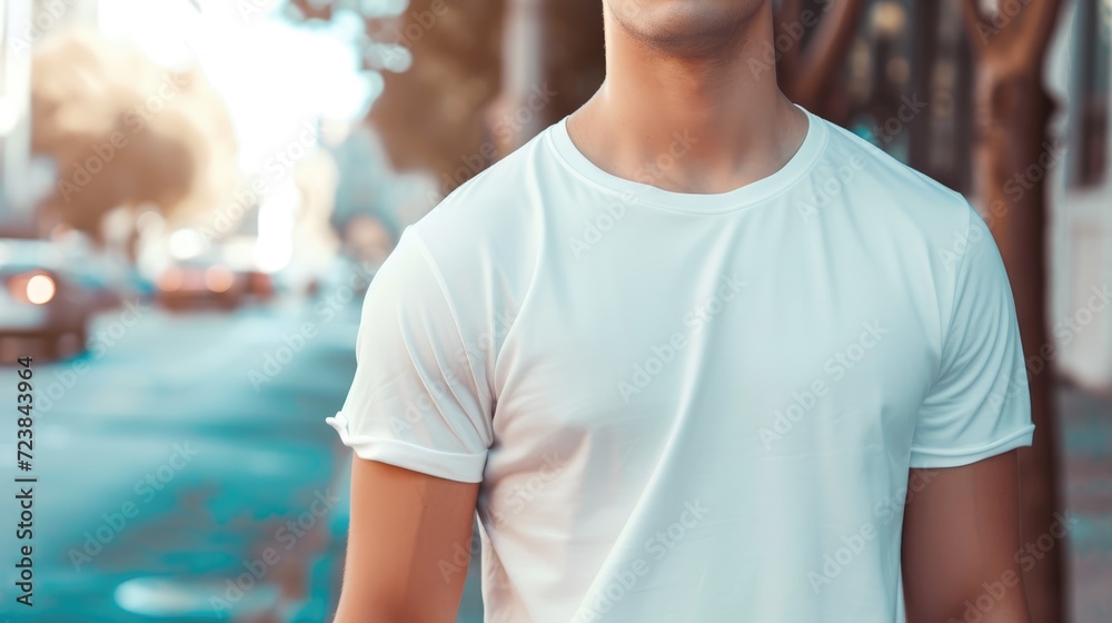 Young Model Shirt Mockup, Boy wearing white t-shirt on street in ...