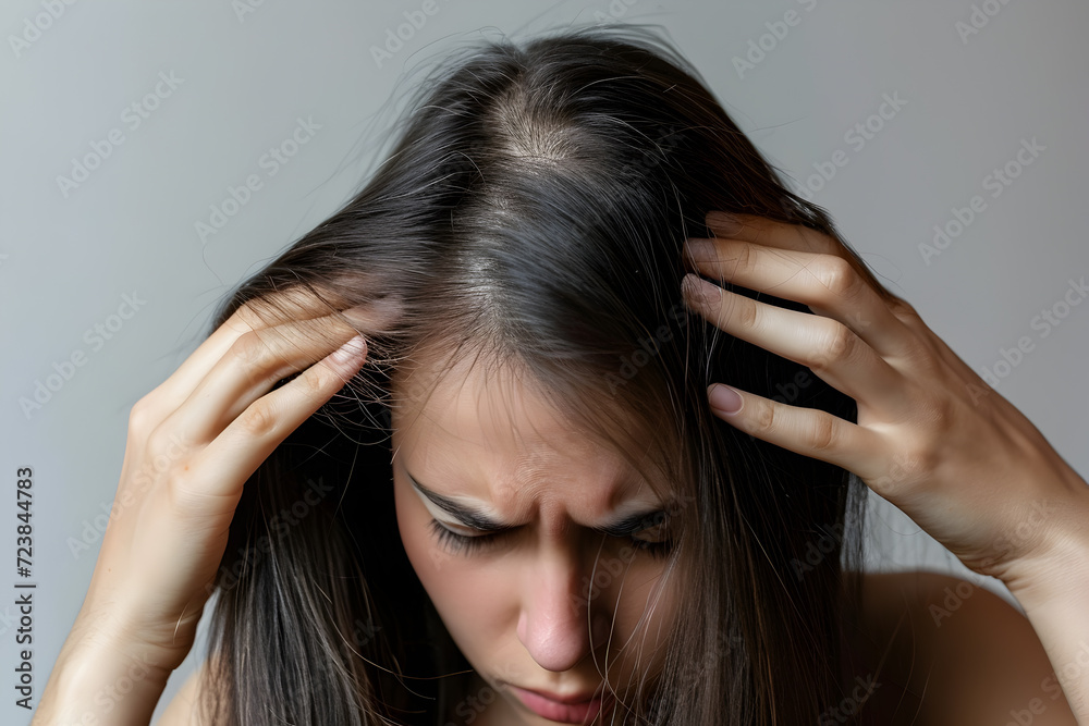 Young girl scratching her head and suffering from itchy scalp and hair ...