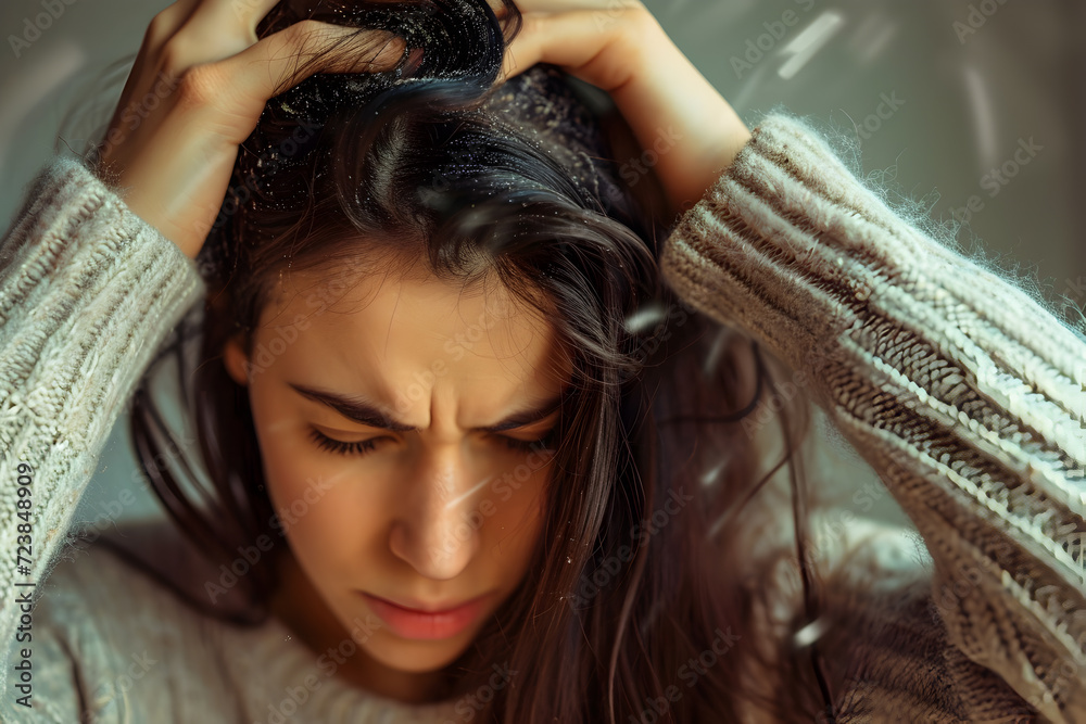 Young girl scratching her head and suffering from itchy scalp and ...
