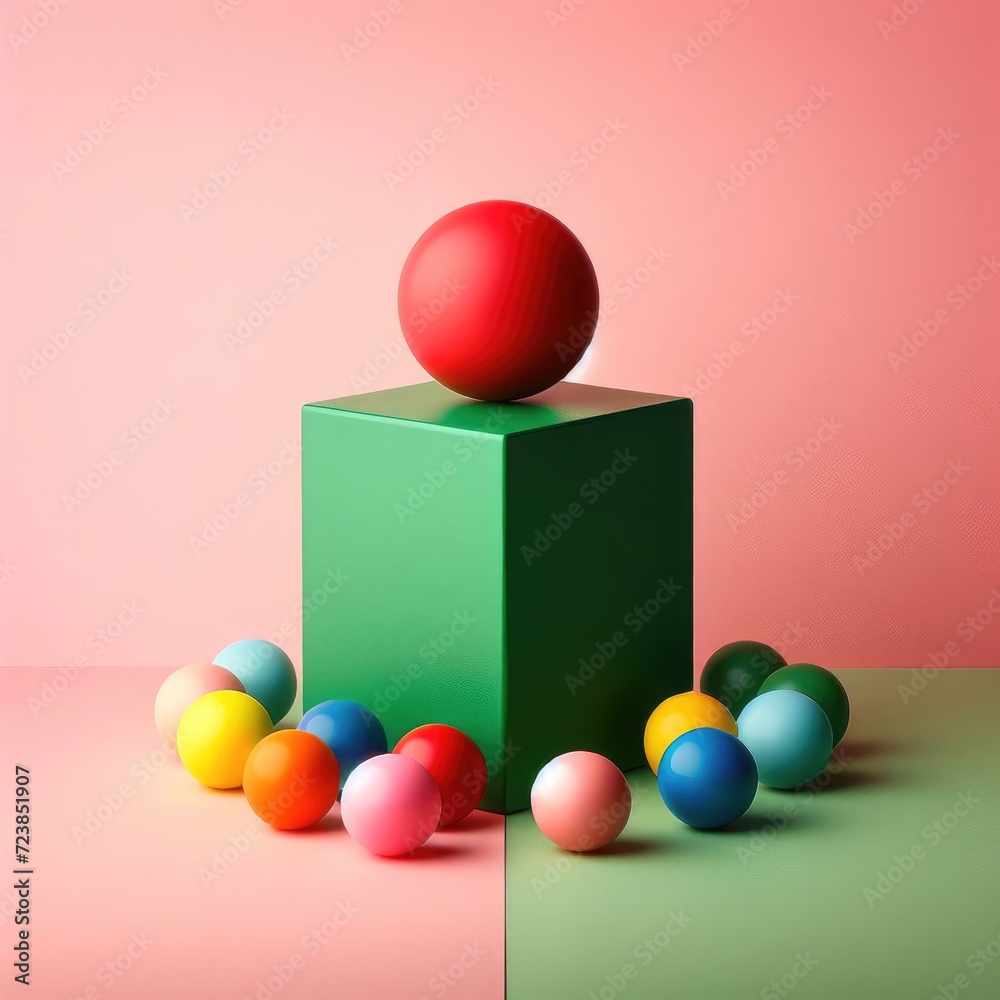 A collection of colorful balls and a green rectangular block against a ...