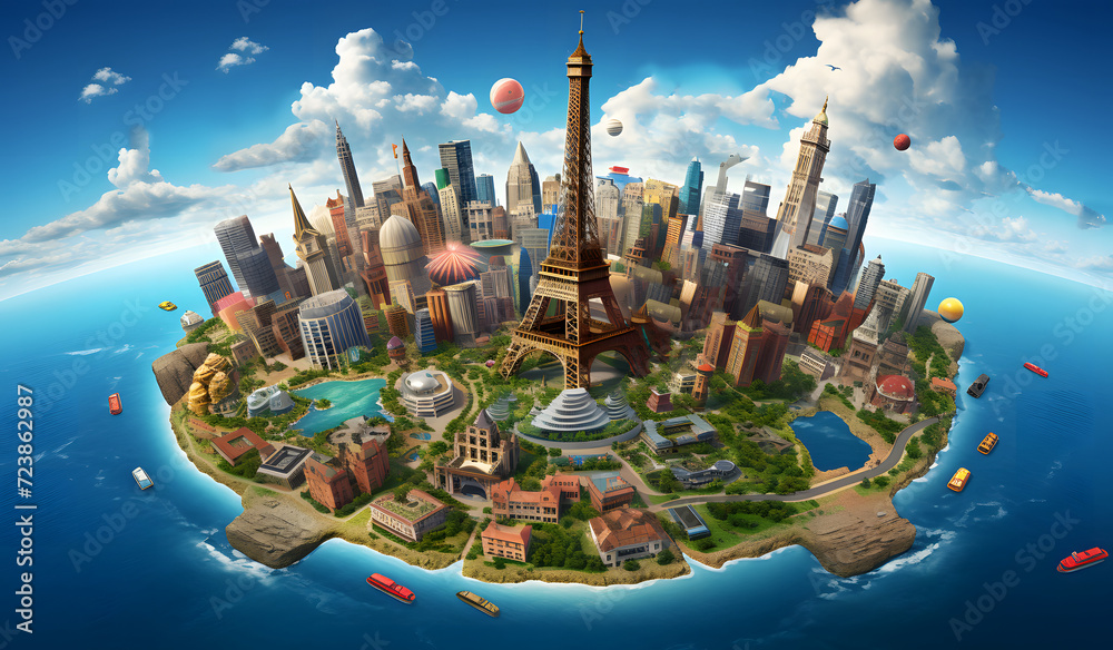 Illustration of a trip around the world, featuring famous landmarks on ...