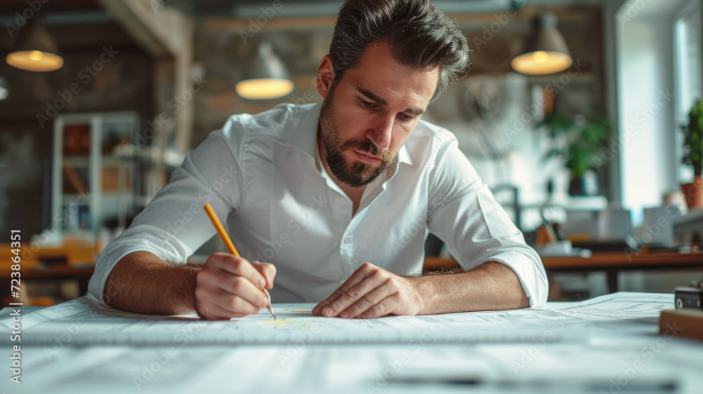A male engineer, designer in a white shirt holds a pencil in his hand ...