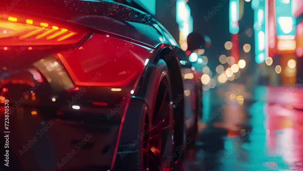 A slowmotion shot captures the intense reflection of the city lights on ...