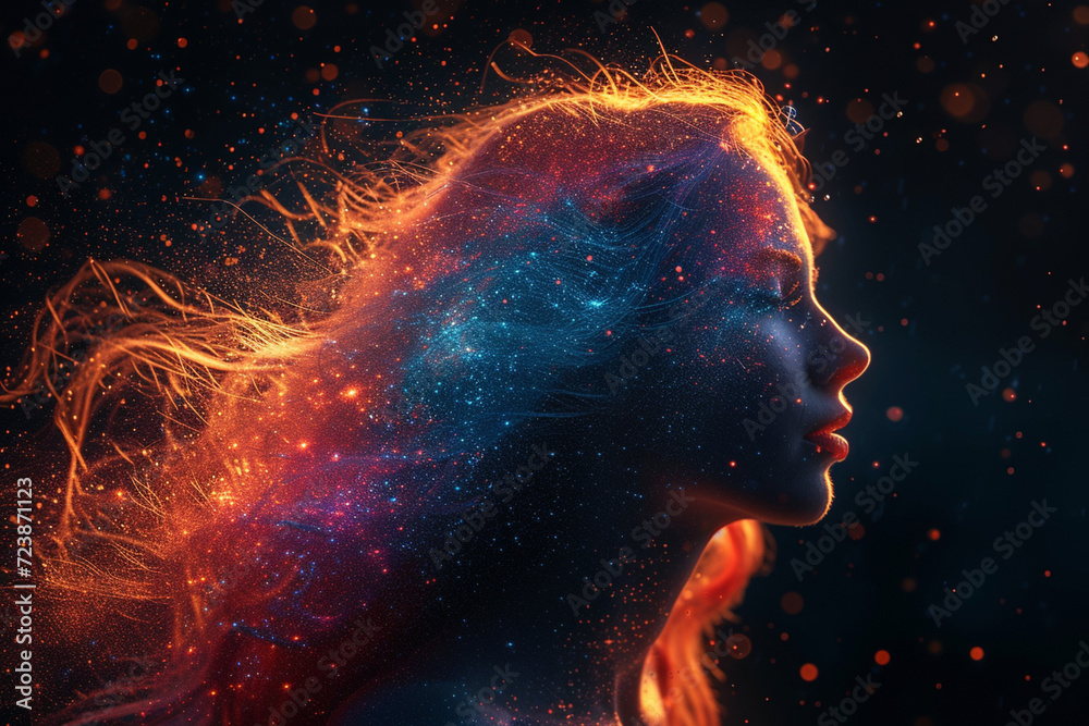 Colorful explosion of hair on the head of a dark-skinned girl, neon ...