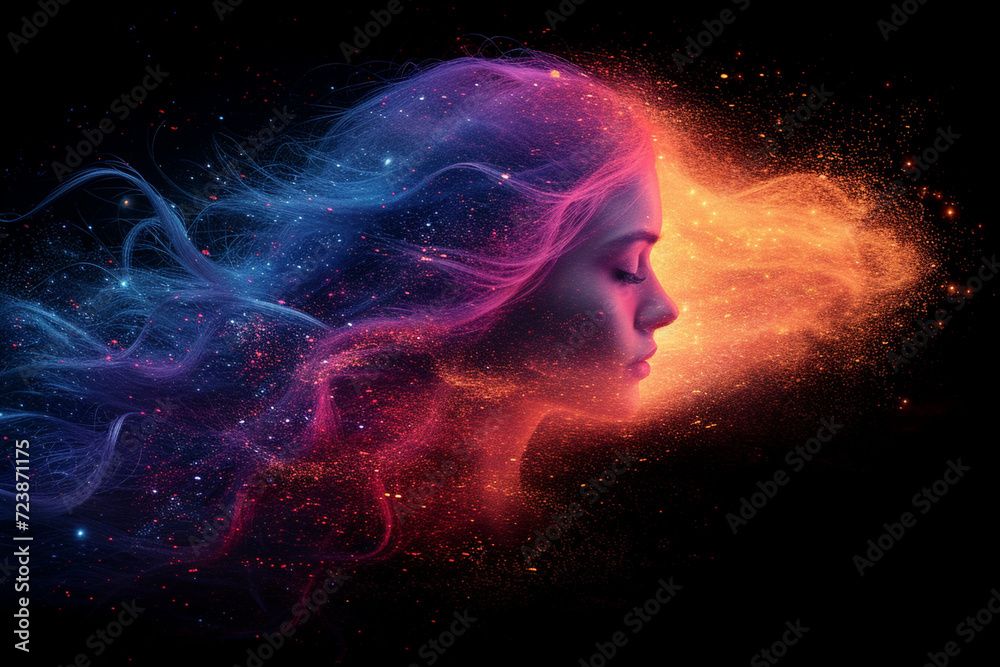 Colorful explosion of hair on the head of a dark-skinned girl, neon ...