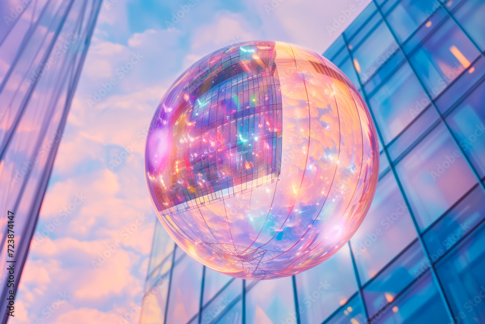 Translucent cosmic orb floating against a skyscraper backdrop ...
