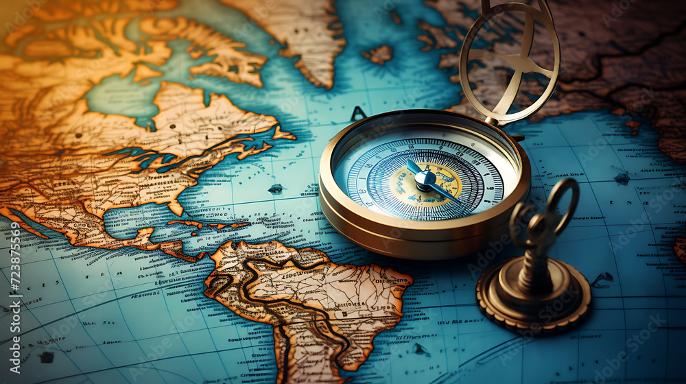 Illustration of an analog compass and location marking on world map ...