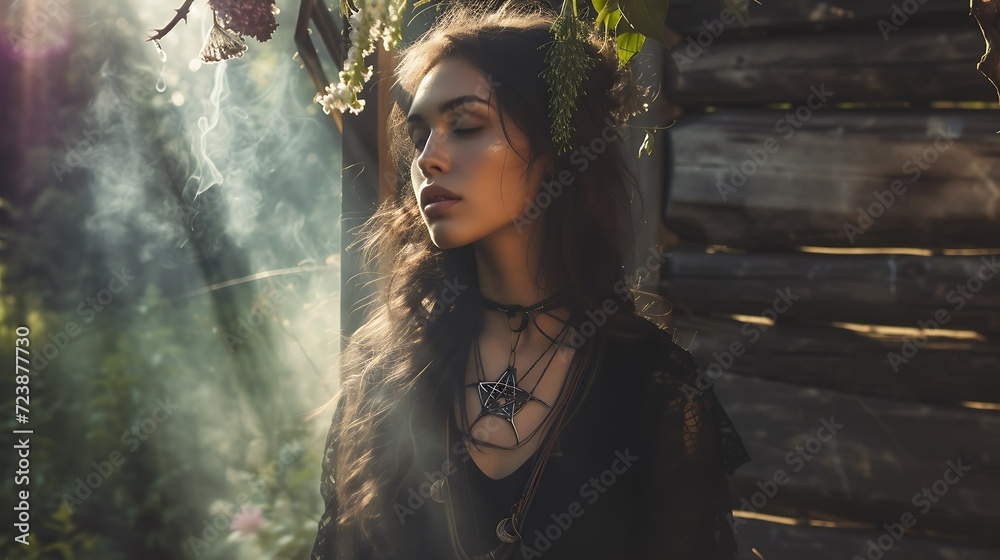 Beautiful gothic witch girl portrait, stock photography, spring equinox ...