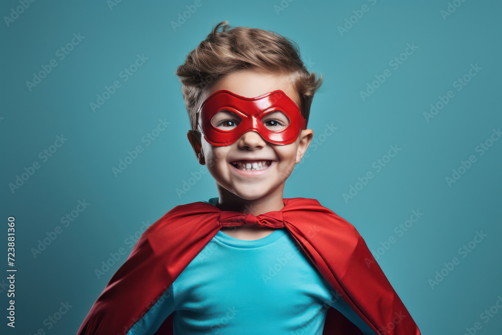 Superhero boy in red costume playing with imagination and victorious ...
