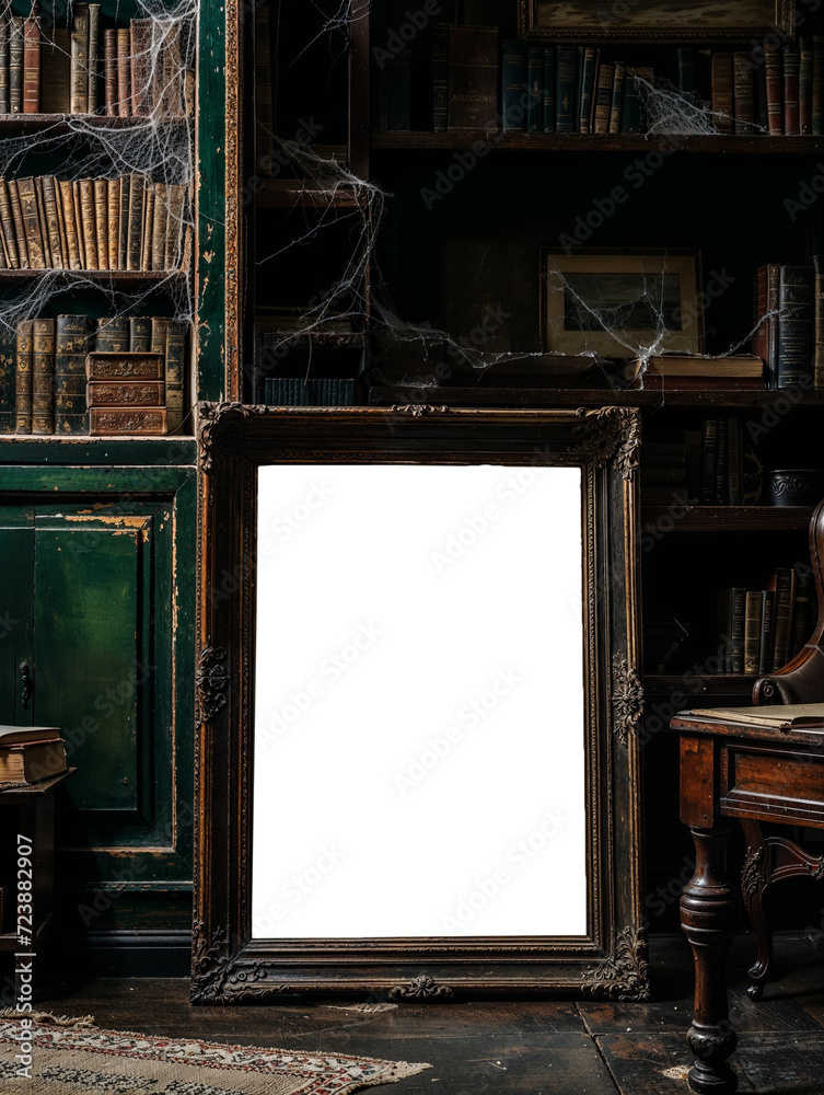 old antique big frame in front of an old bookcase with cobwebs ...