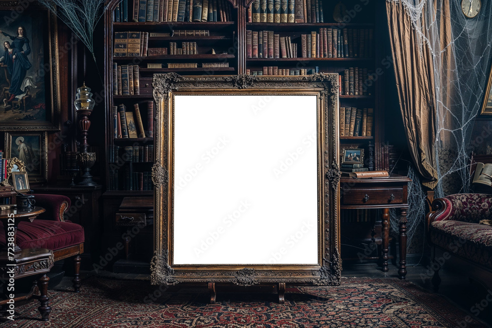 old antique big frame in front of an old bookcase with cobwebs ...