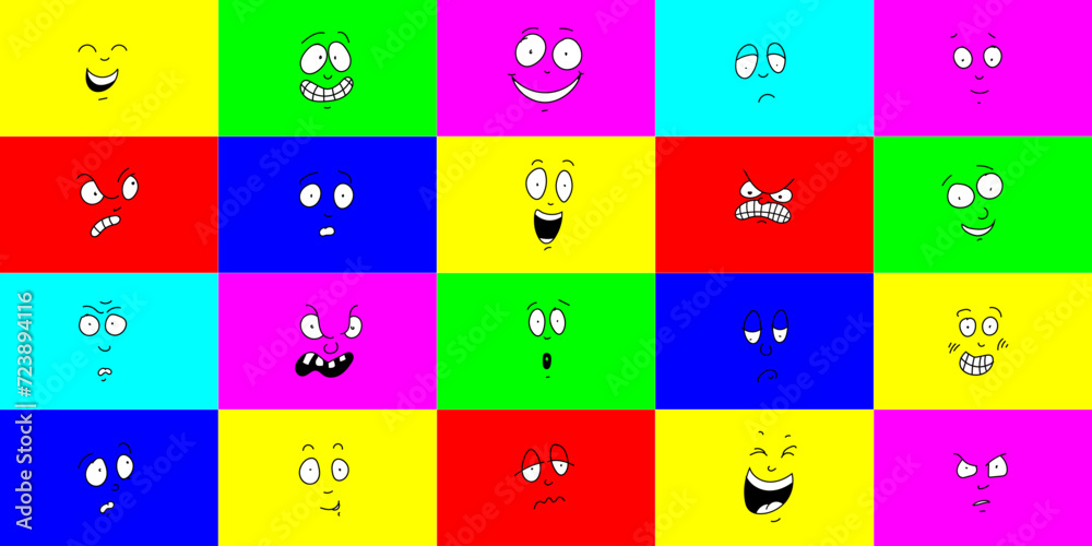 Colorful set of cartoon faces in simple doodle art paint style. Happy ...