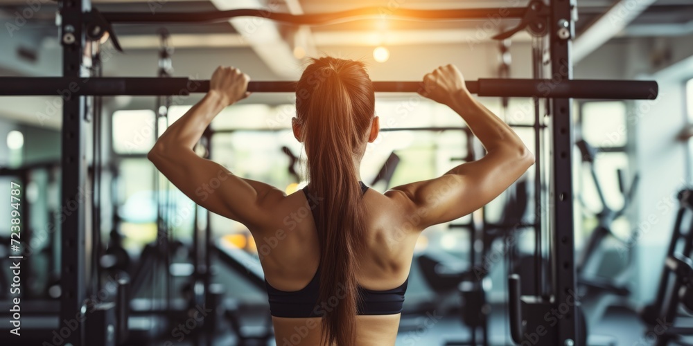 Athletic Woman Strengthening Her Back Muscles With A Lat Pulldown ...