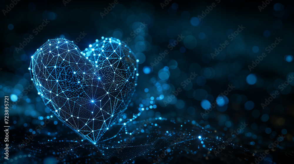 Digital Heart in Network Connections and Blue Lights. A digital heart ...