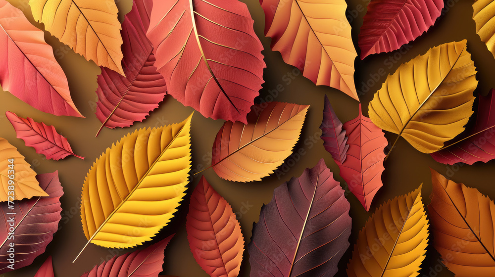 Vibrant collection of different colored leaves on warm brown background ...