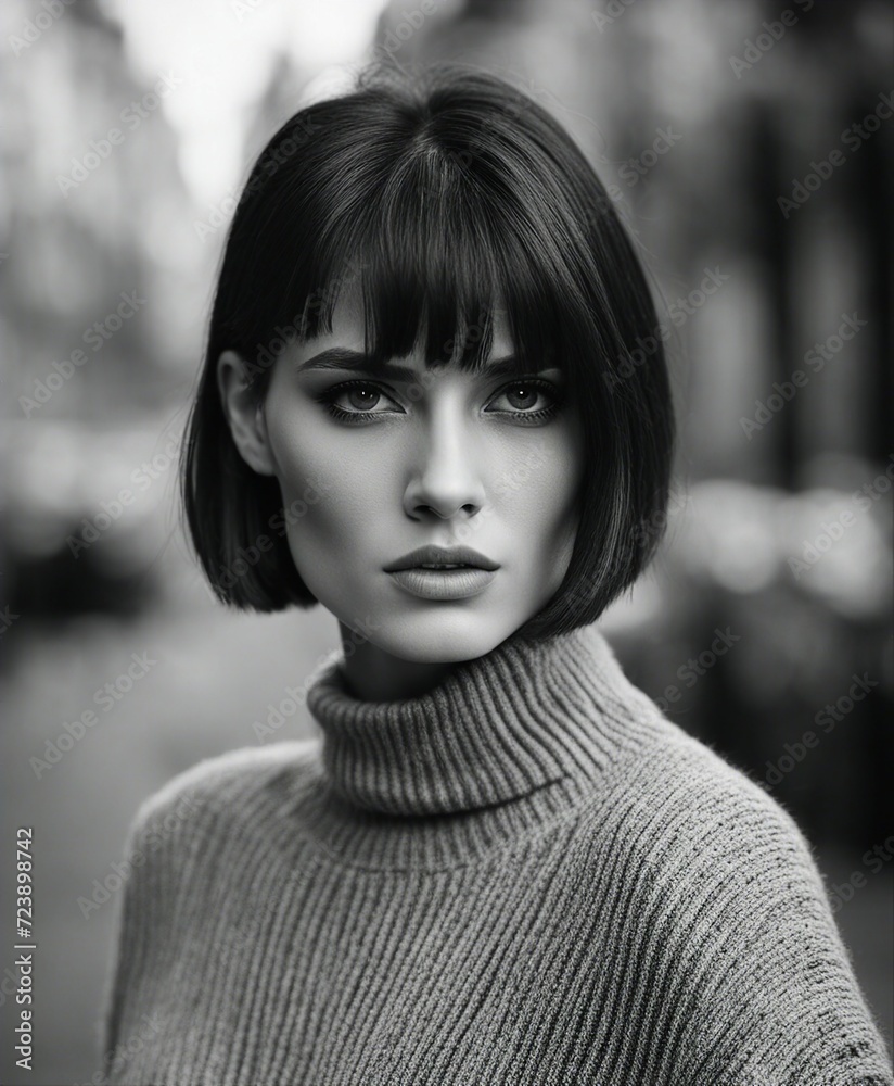Beautiful fashion model, brunette, clear eyes, black turtleneck sweater ...
