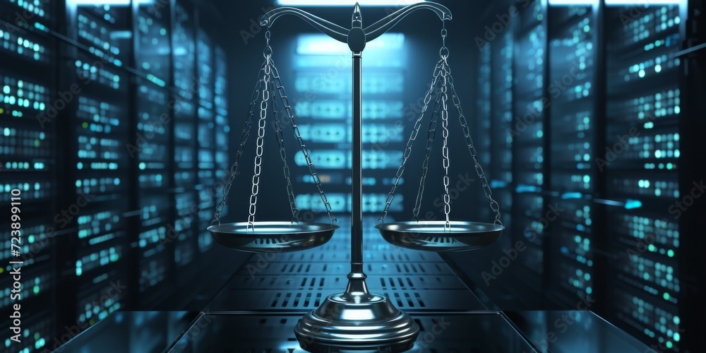 Scales Of Justice Balanced With Data Center Symbolizing Modern Legal ...