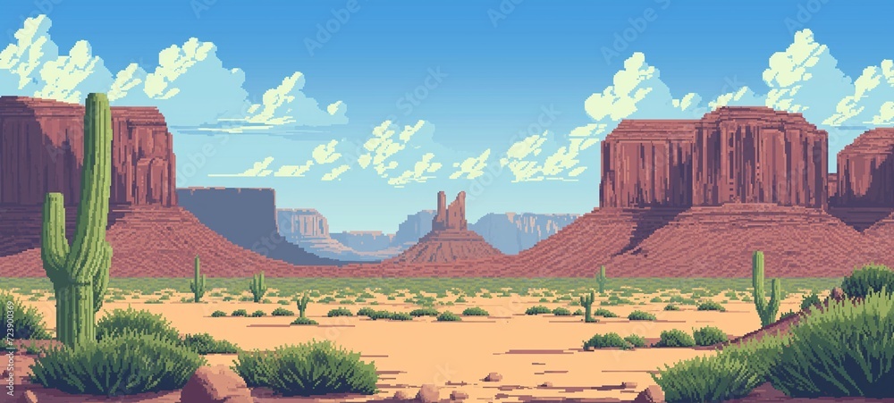 Pixel art landscape of a Texas desert with towering red rock formations ...