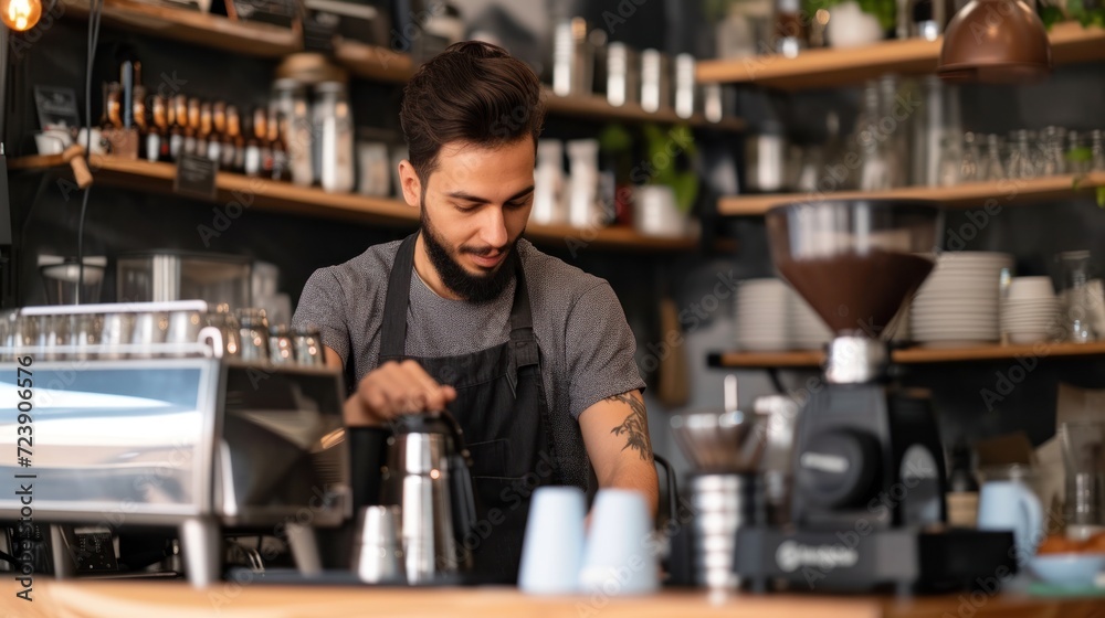Zoomed-in image of a barista at a coffee shop, background showing ...