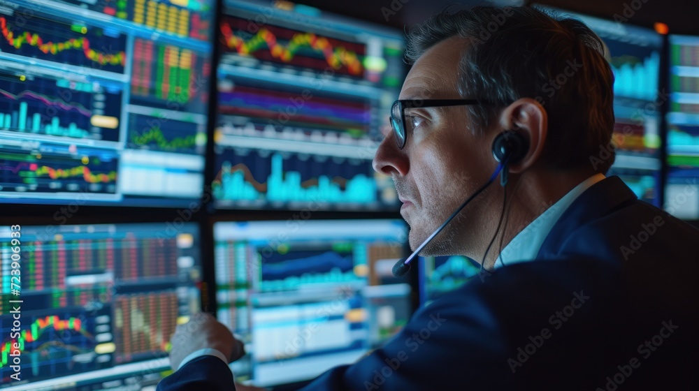Zoomed-in image of a stock trader monitoring international trade stocks ...