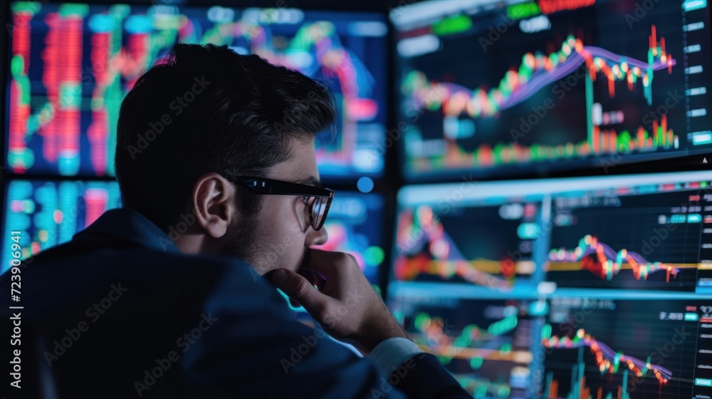 Zoomed-in image of a stock trader monitoring international trade stocks ...