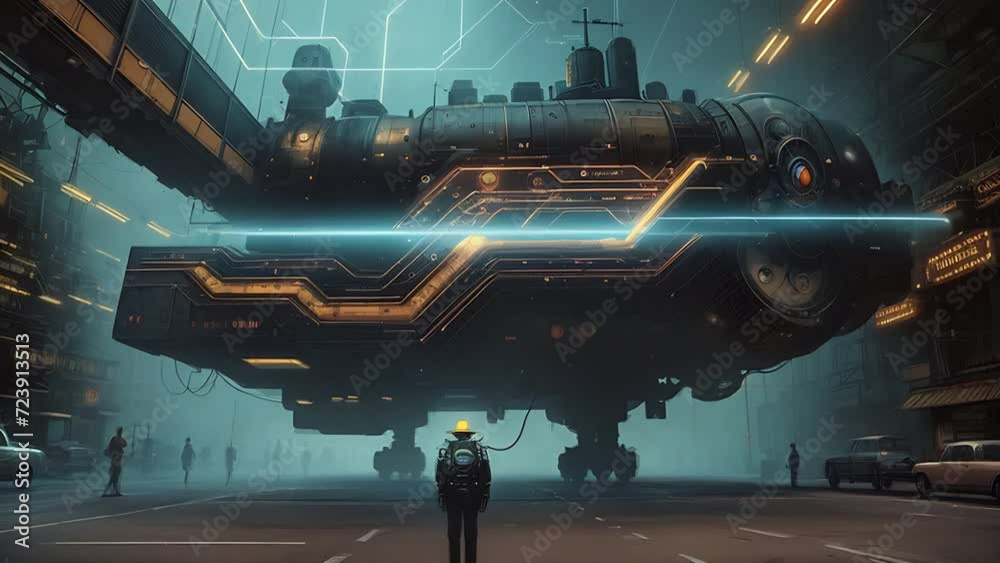 A spaceship from the future on an urban retro background. Time Machine ...