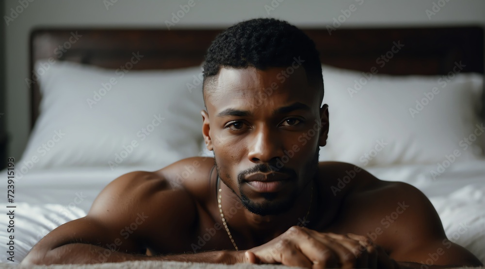 Attractive handsome fit intimate black african man shirtless lying on a ...