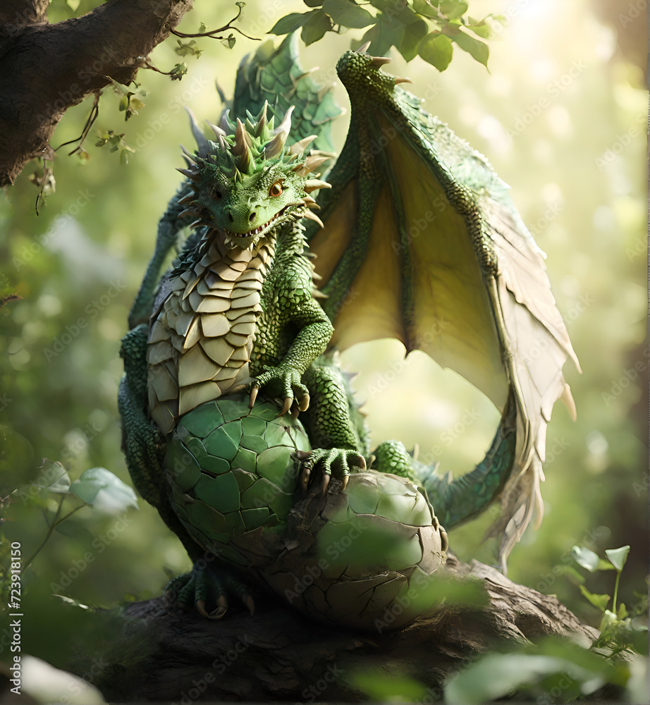 beautiful femail green dragon seating nearly her eggs against forest ...