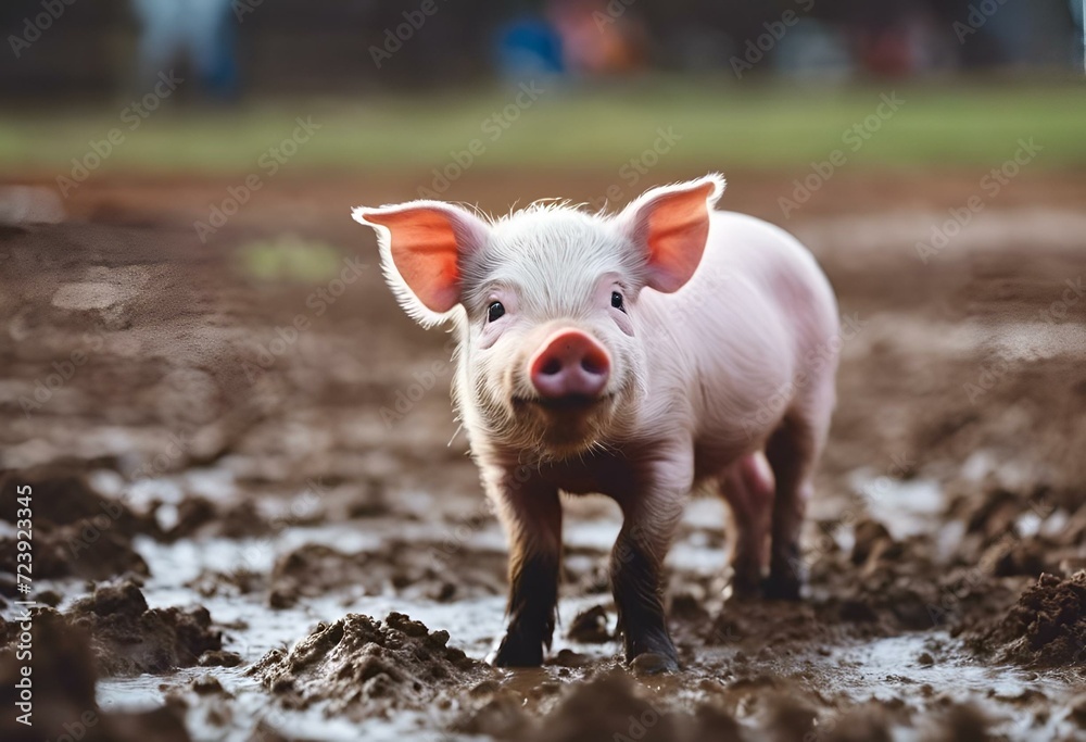 AI illustration of a cute pig with playful gaze in muddy field Stock ...