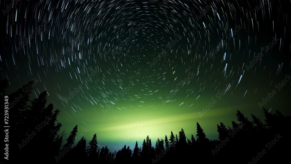Star trails effect on the night sky above a dark forest focusing on the ...