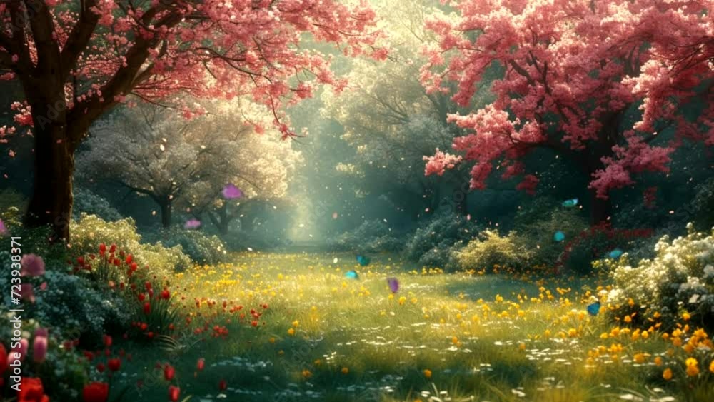 Spring landscape in a flower field with pink leaves, and green leaves ...