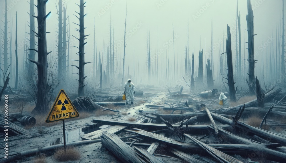 Aftermath of radioactive environmental pollution. A desolate landscape ...