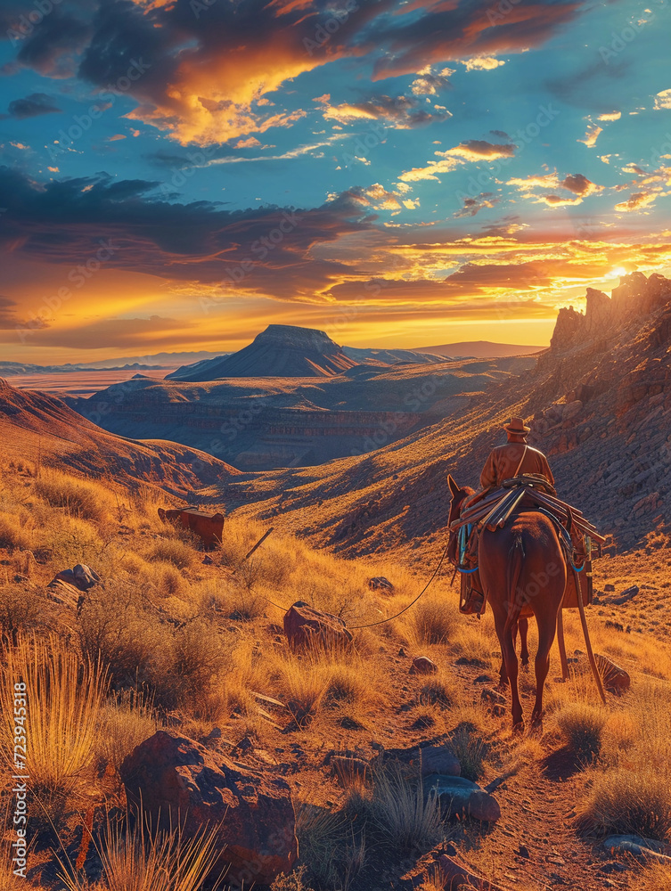 prospector leading a mule loaded with mining tools across a desert ...