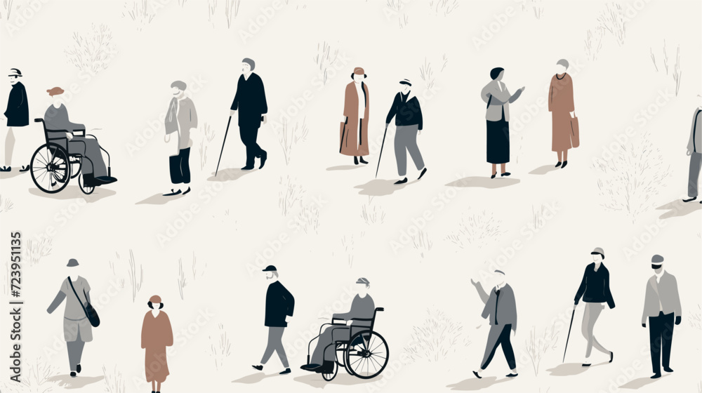 silhouettes of caregivers and seniors forming a seamless pattern ...