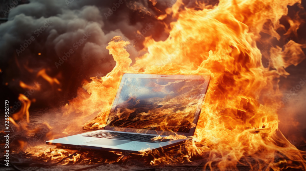 Burning laptop and keyboard, equipment fire due to faulty battery and ...