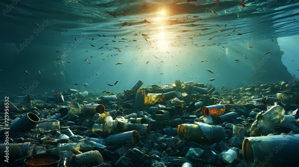 Garbage at the bottom of the sea, ocean. Plastic water pollution. A ...