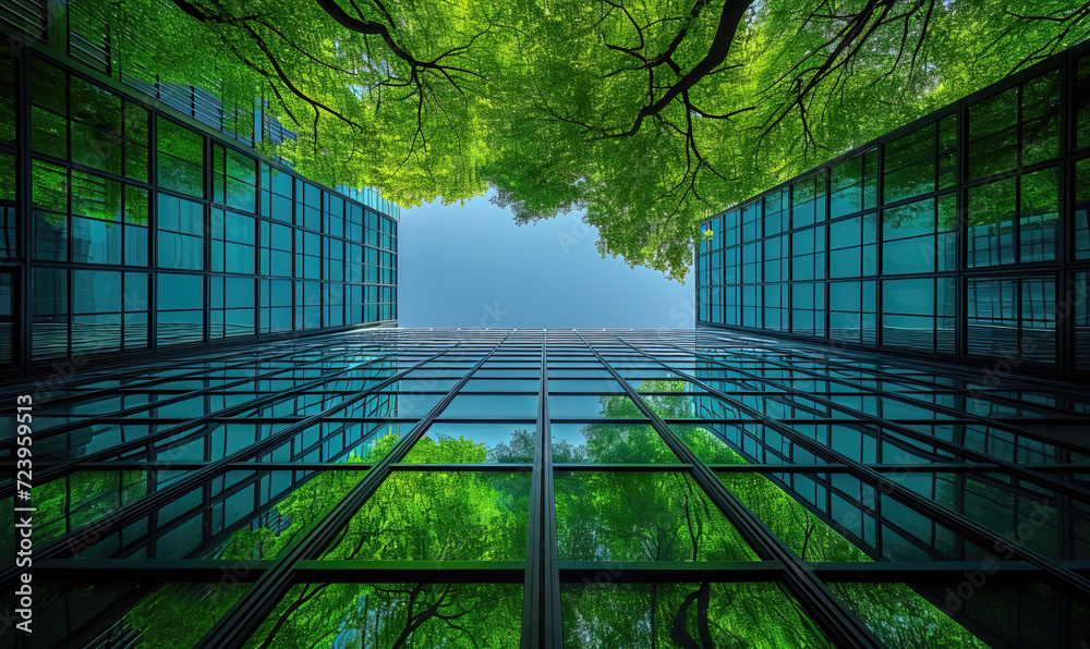 Green business concept with glass office building view from low angle ...