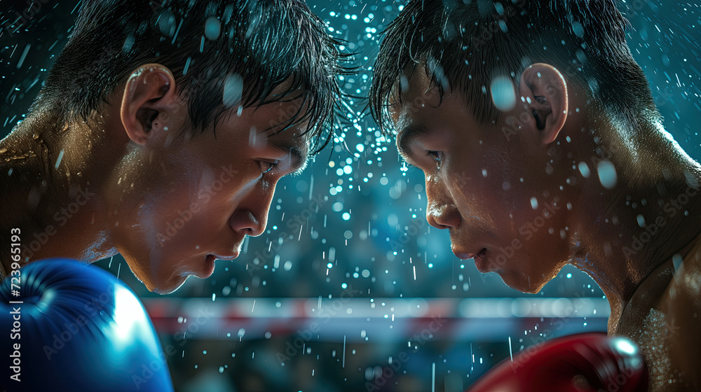 2 Thai boxers, blue and red sides Staring into each other's eyes in the ...