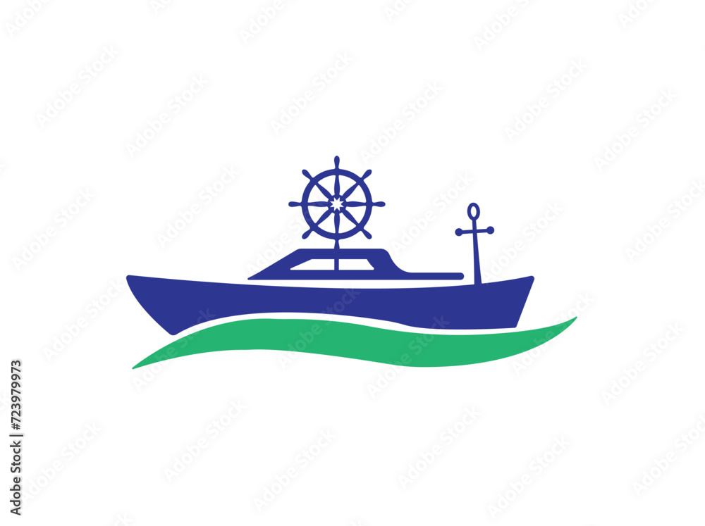 Wooden ships of green and blue color, Cartoon ship, wind sail boat ...