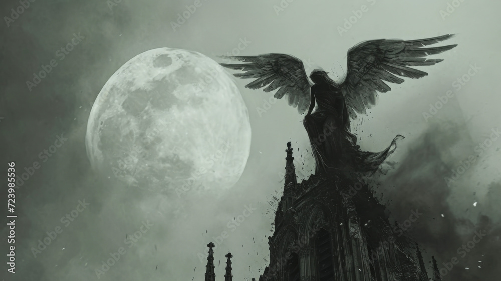 With wings spread wide a fierce gothic angel perches atop a crumbling ...
