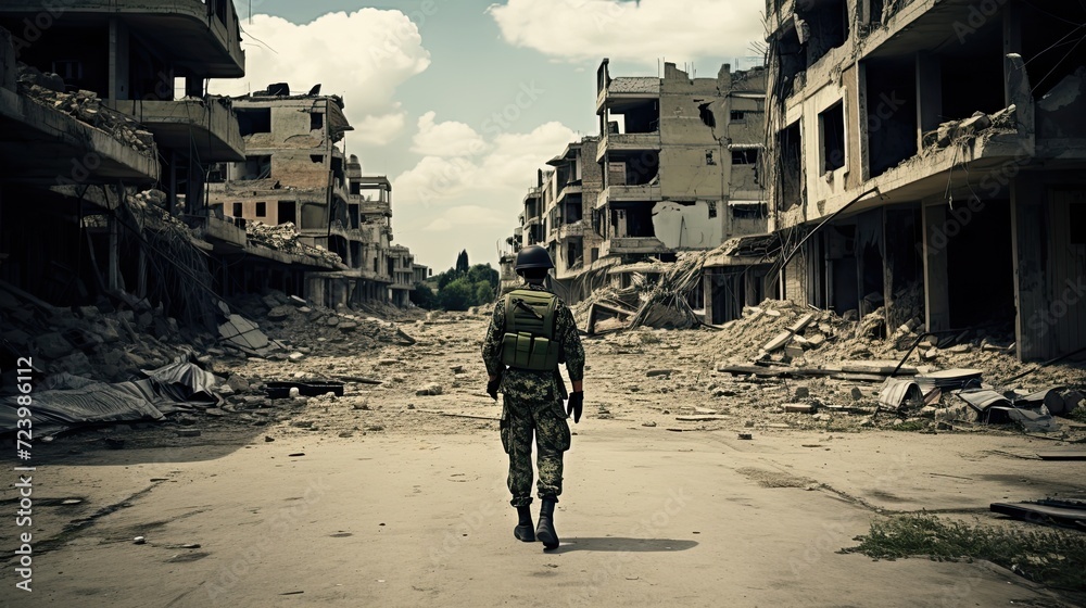 Lonely mercenary soldier walking along bombed out city street ...