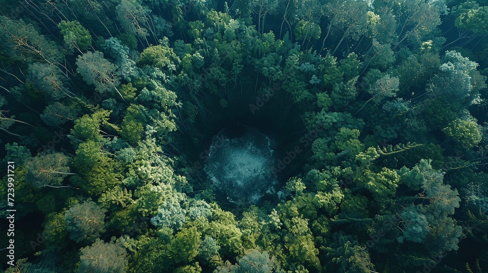 Bird's-eye view of a dense canopy of trees interrupted by a deep, dark ...