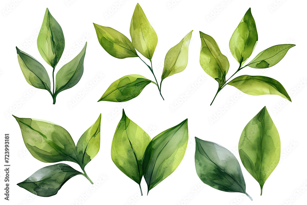 Set of Watercolor Tropical spring green leaves elements set isolated on ...