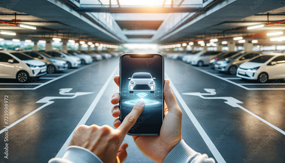 Back view of a person at a carpark using a smartphone to control a car ...