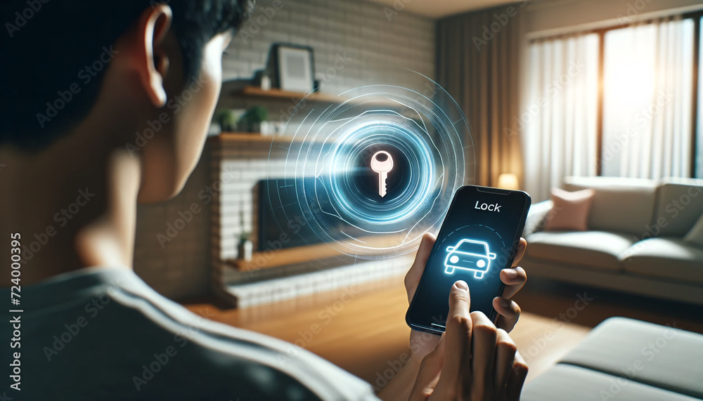 Back view of a person at a home using a smartphone to control a car ...