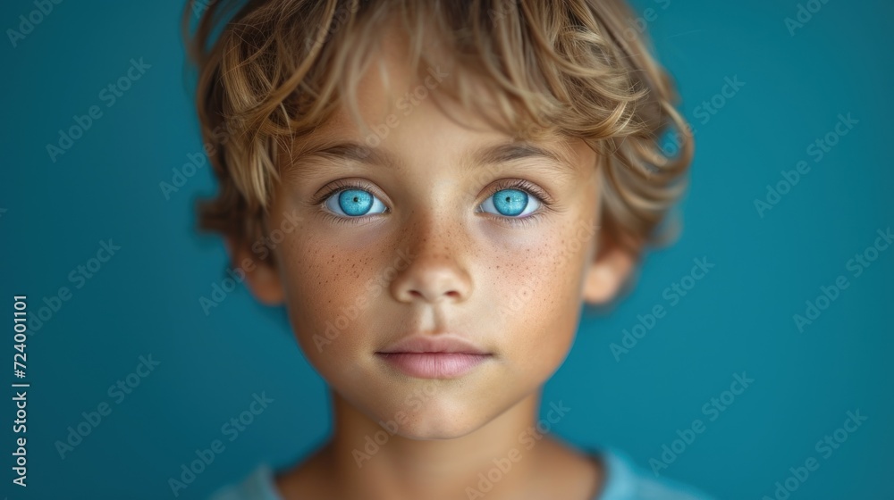 ภาพประกอบสต็อก A young boy with blue eyes and brown hair., Close-up of ...