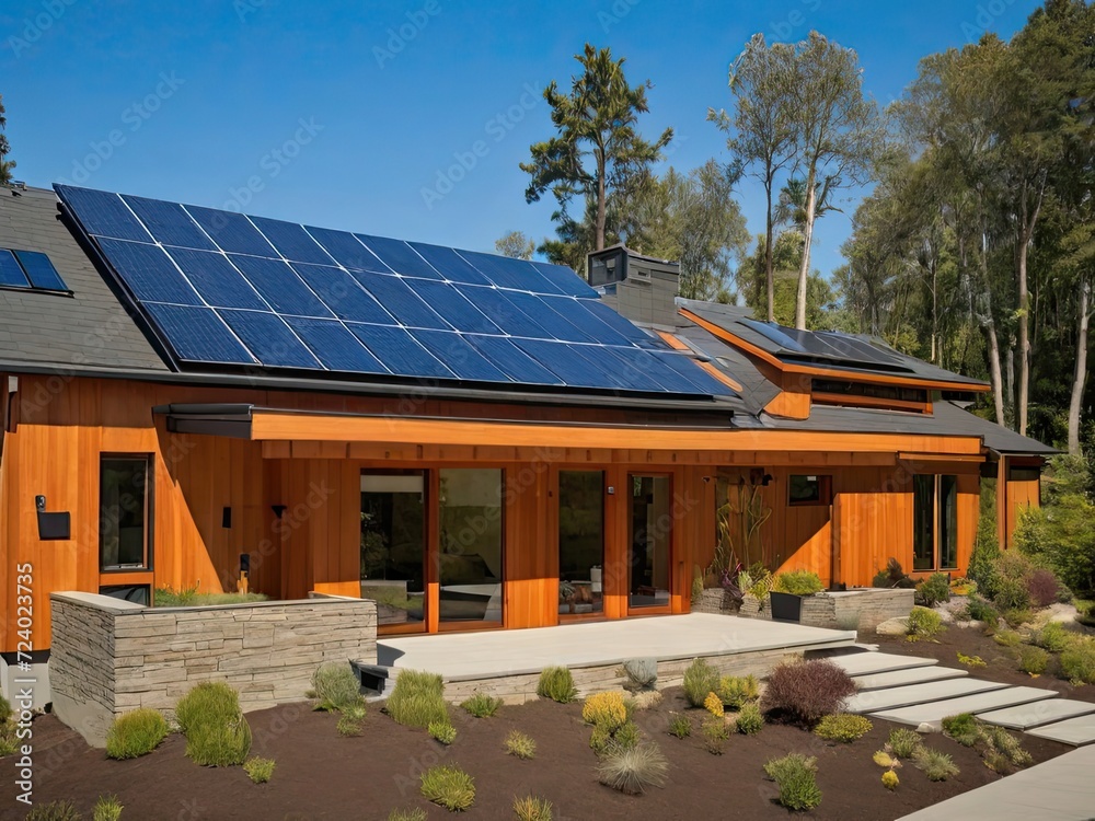 Solar panels are installed on the gable roof, driveway, and landscaped ...