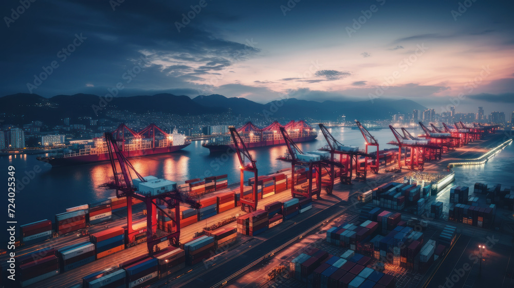 Container ship unloading in deep sea port, Aerial business commercial ...