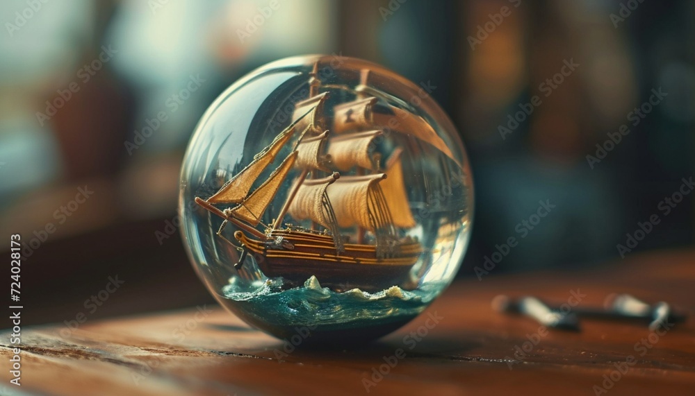 Tiny nautical scene inside a glass ball, captured in high definition ...