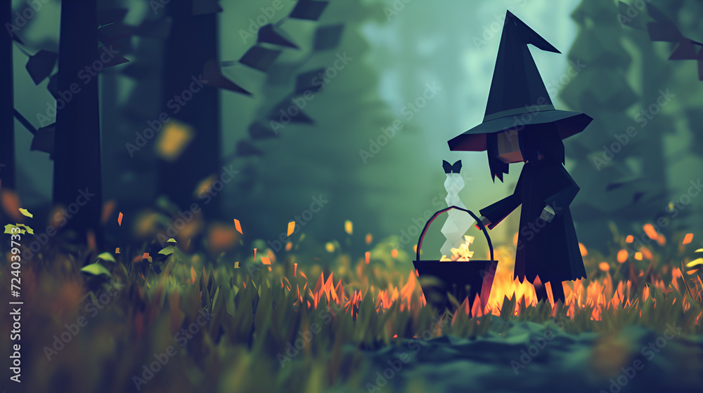 A simple and minimalistic Low Poly with witch near cauldron, showcasing ...